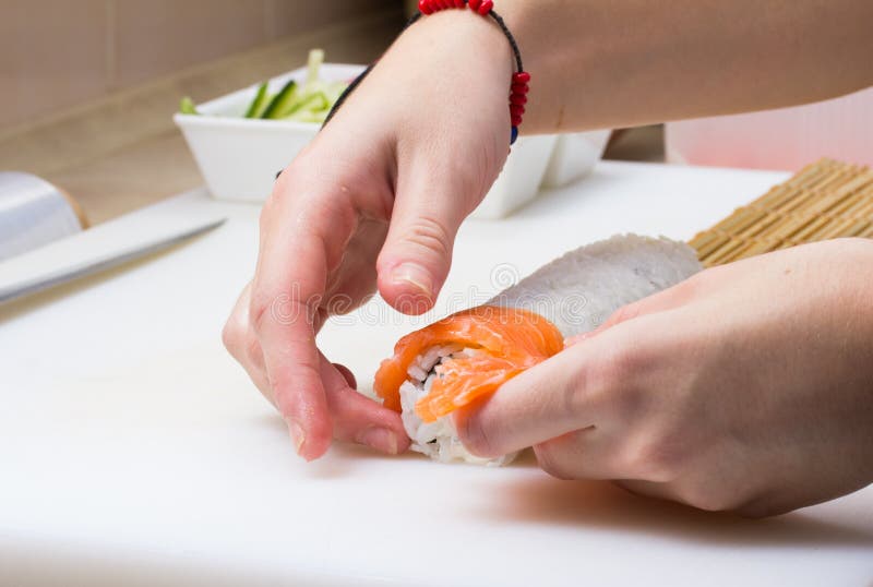 Process of Making Sushi Roll Philadelphia Stock Photo - Image of ...