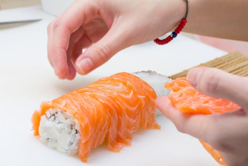 Process of Making Sushi Roll Philadelphia Stock Image - Image of asia ...