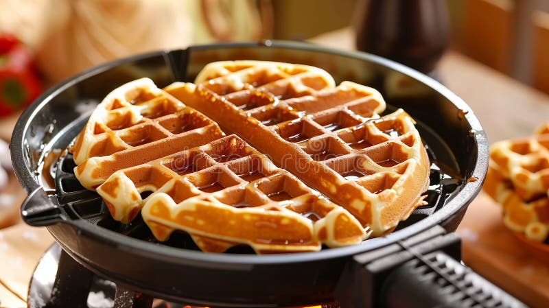 The Process of Making Waffles Using a Round Electric Waffle Iron. Stock ...