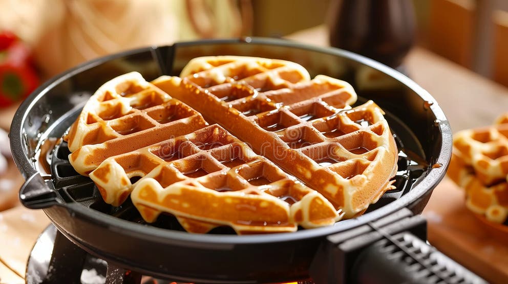 The Process of Making Waffles Using a Round Electric Waffle Iron. Stock ...