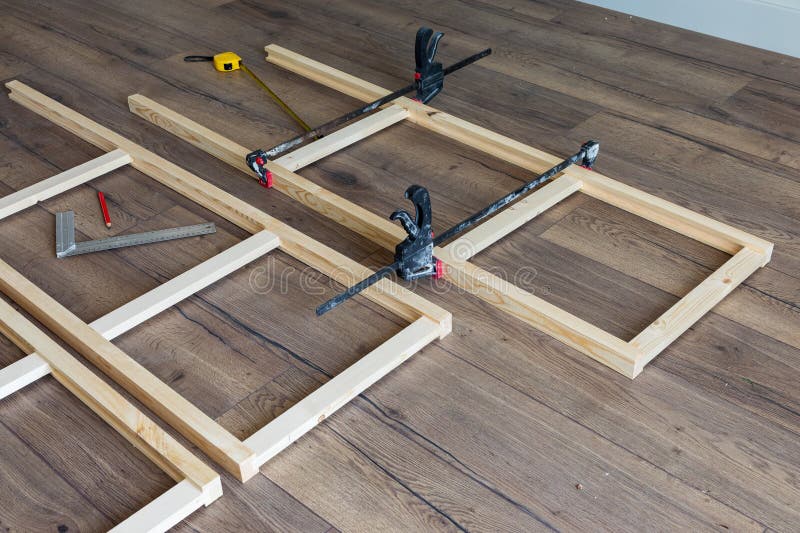 Process of Making a Wooden Rack, Parts Clamped with Clamps Stock Image ...