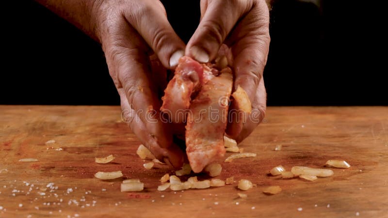 The Process of Marinating Meat for Barbeque. Slow Motion Stock Footage ...