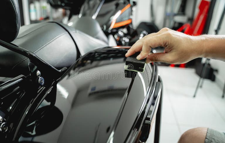 The Process of Nano Coating Motorcycle Applying Soft Fiber Sponge Stock ...