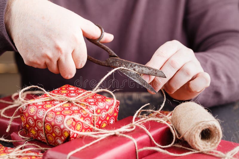 Process of Package and Wrapping Christmas and New Year Gift Box with ...