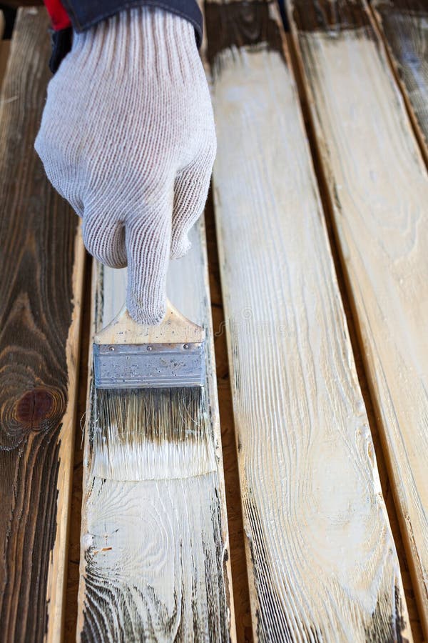 Process of Painting the Pine Wood Boards with the Brush and the White ...