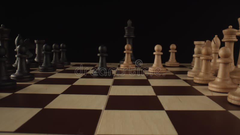 Chess Set Close Up Focus on Black Figures Ready for Opening Move Dolly ...