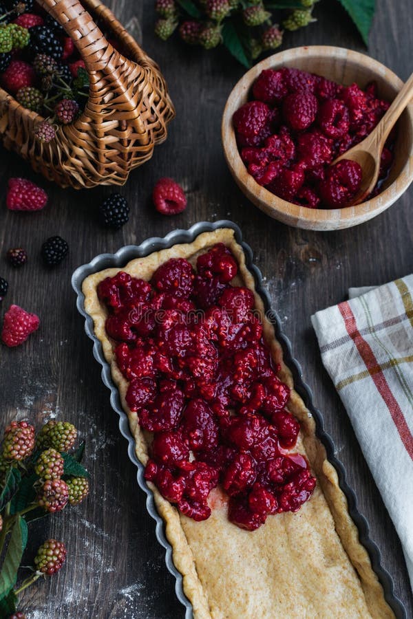 Process of Preparation Raspberry and Blackberry Pie, Top View on Rustic ...