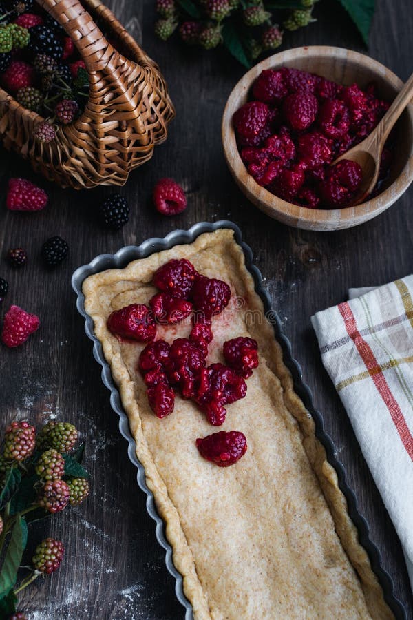 Process of Preparation Raspberry and Blackberry Pie, Top View on Rustic ...