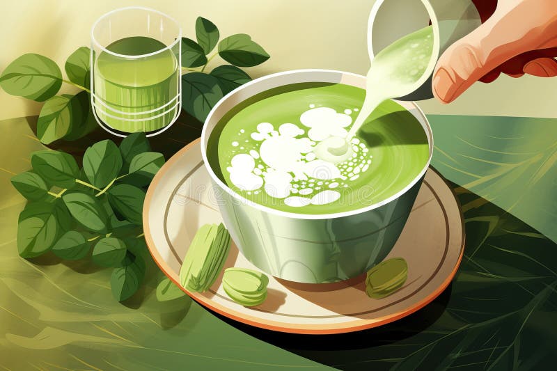Process of Preparing a Delicious Matcha Latte. the Pouring of the Latte ...