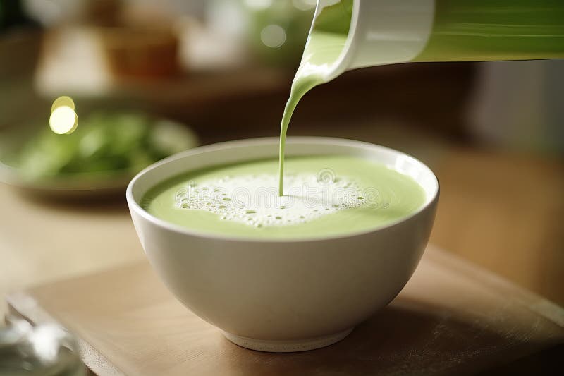 Process of Preparing a Delicious Matcha Latte. the Pouring of the Latte ...