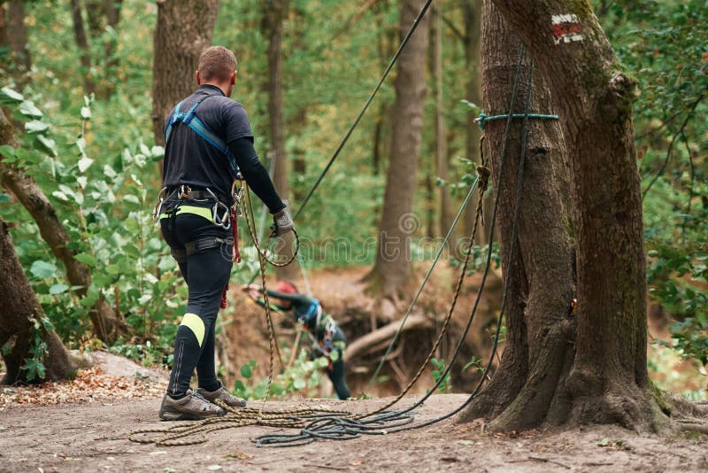 Process of Preparing. Man is Doing Climbing in the Forest by Use of ...