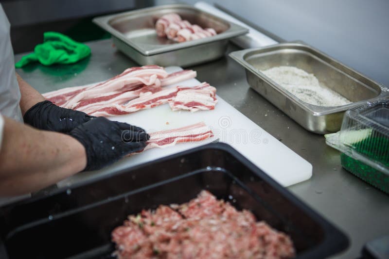 The Process of Preparing Meat Products. Stock Image - Image of board ...