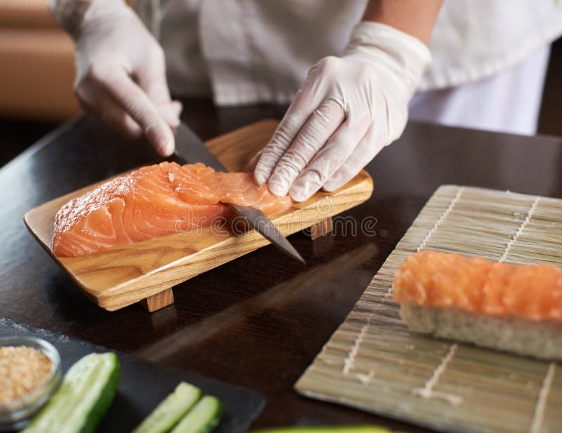Process of Preparing Rolling Sushi Stock Photo - Image of gloves ...