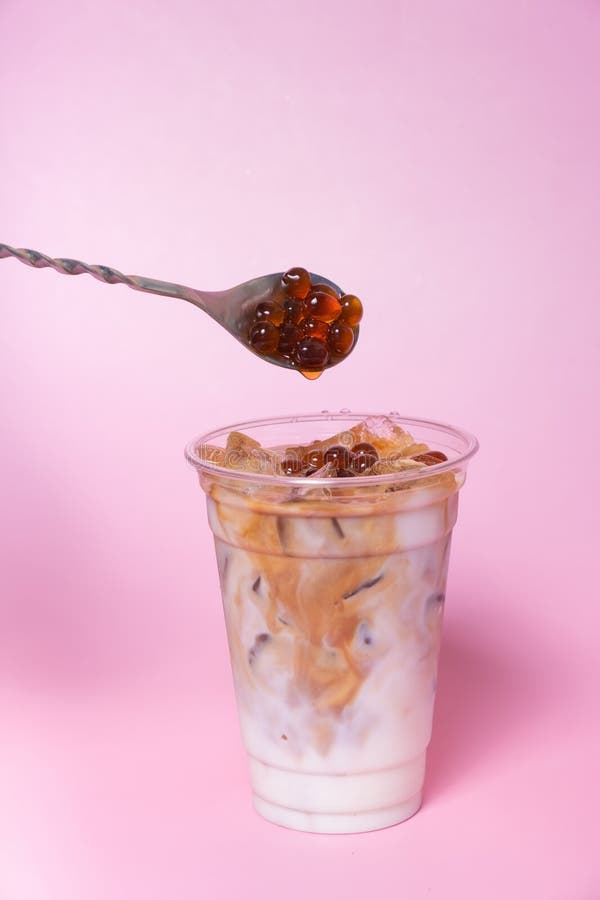 Process Preparing Tapioca Bubbles Tea with Milk and Coffee. Trendy ...
