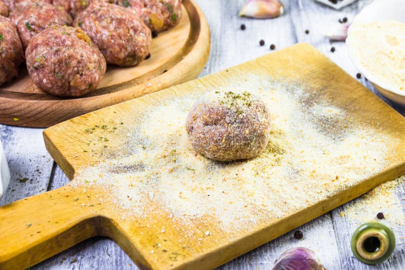 Process Rolling Raw Meatballs Breadcrumbs Stock Photo - Image of ...