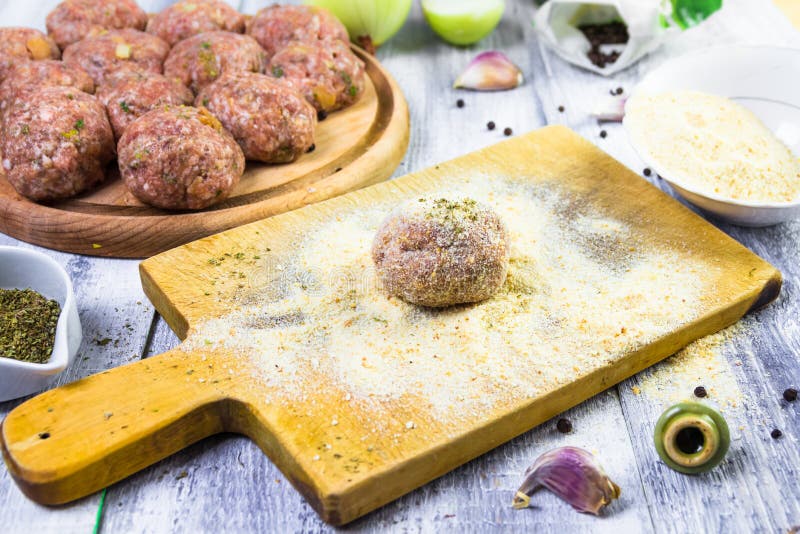 Process Rolling Raw Meatballs Breadcrumbs Stock Photo - Image of chop ...
