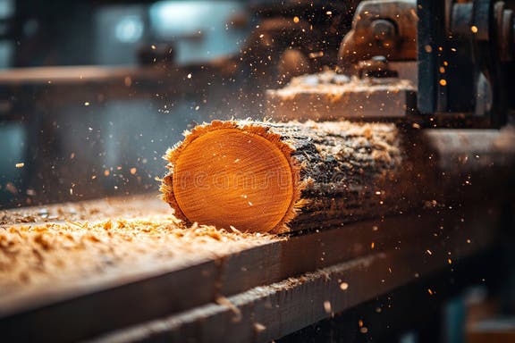 The Process of Sawing a Log at a Sawmill. Close-up of a Log and Flying ...