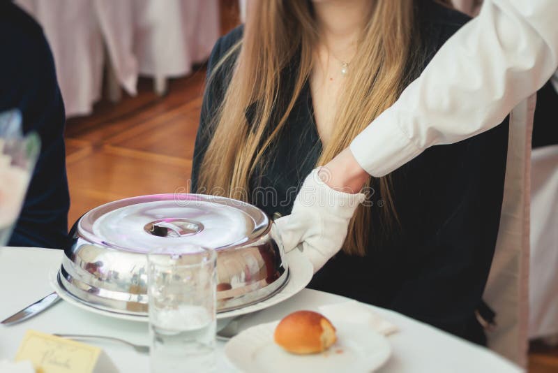 Process of Serving Luxury Dinner in a Cloche Plate Dish with a Lid ...