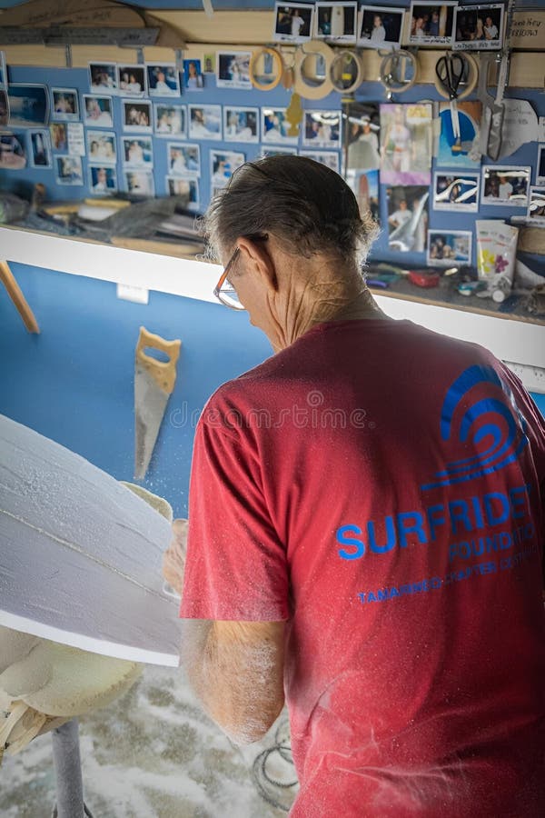 Process of Shaping a Surfboard. Robert August Working in the Workshop ...