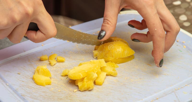 The Process of Slicing Boiled Potatoes Stock Image - Image of board ...