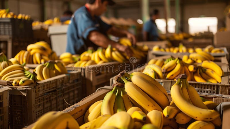 The Process of Sorting and Packaging Bananas in Production. Yellow Bunches of Bananas are Neatly ...