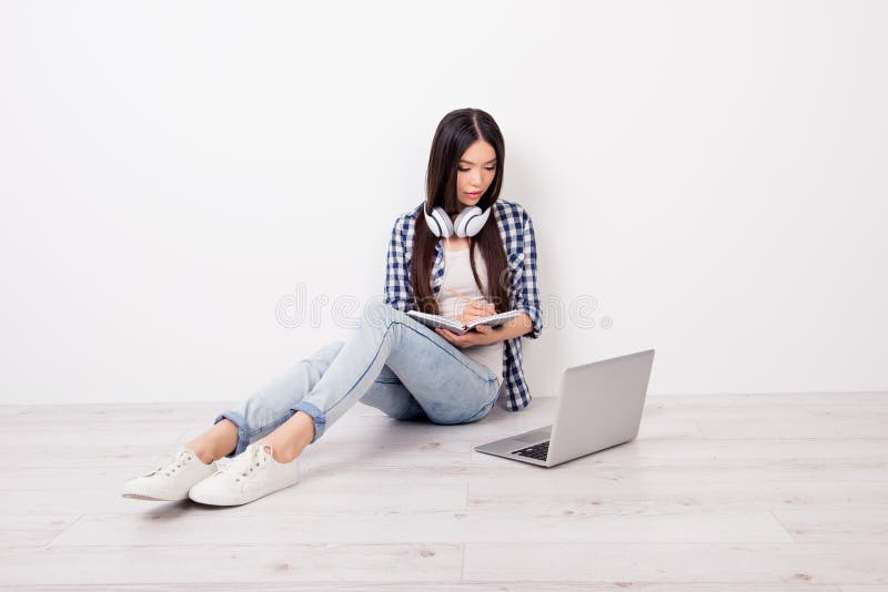 Process of Studying. Preoccupied Charming Lady Sitting on the Fl Stock ...