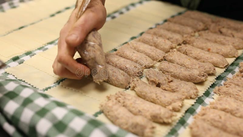 Process of Stuffing Cannelloni with Minced Meat on Restaurant Kitchen ...
