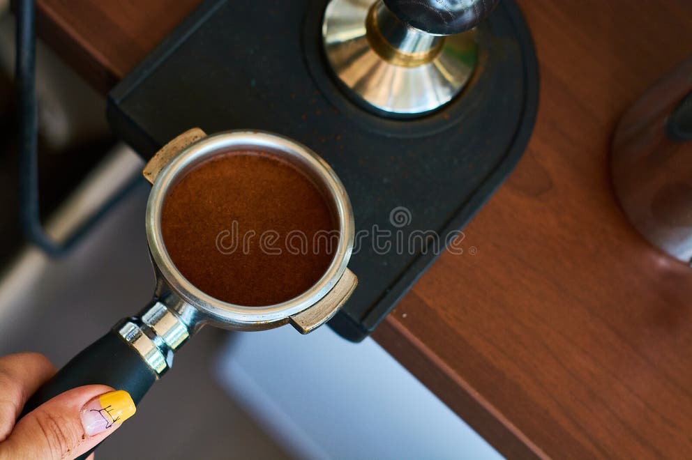 The Process of Temper Coffee in Holder, Making Espresso on Coffee ...