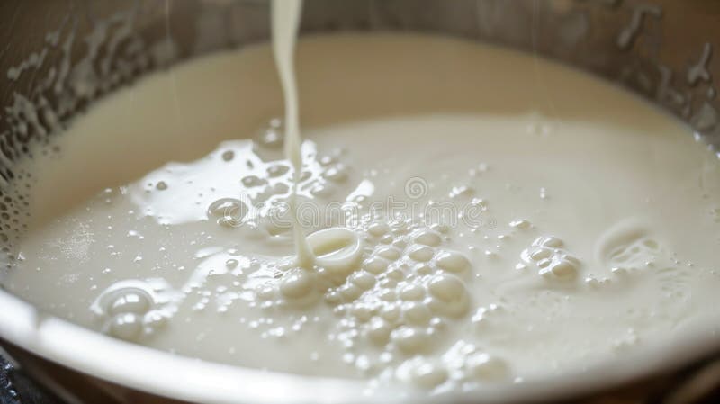 The Process of Using Milk As an Ingredient in Cooking. Close-up of Milk ...