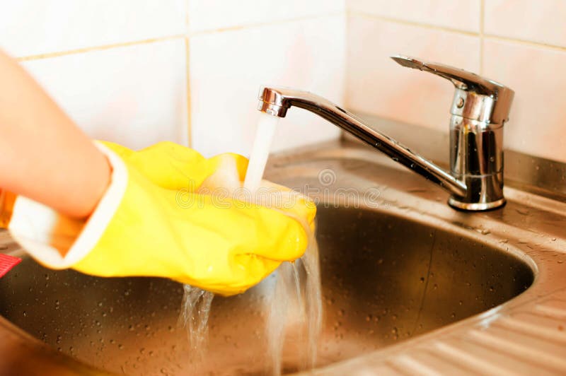 The Process of Washing Hands in Yellow Gloves Stock Image - Image of ...