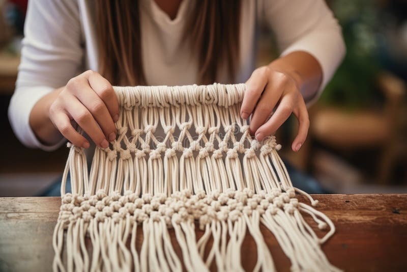 The Process of Weaving Macrame. Hands Weave Macrame Decor Stock ...