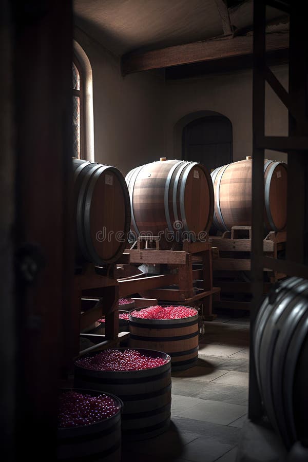 Process of Winemaking in Winery. Red Grapes in the Wooden Oak Barrels ...