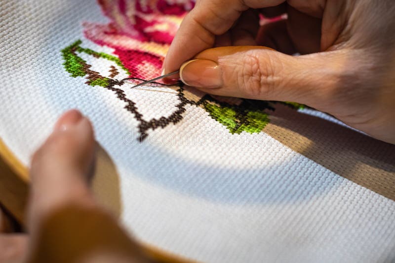 The Process of Working on a Piece of Embroidery Close-up. Closeup ...