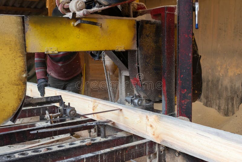 The Process of Working Wood Processing on Sawmill Equipment Stock Photo ...