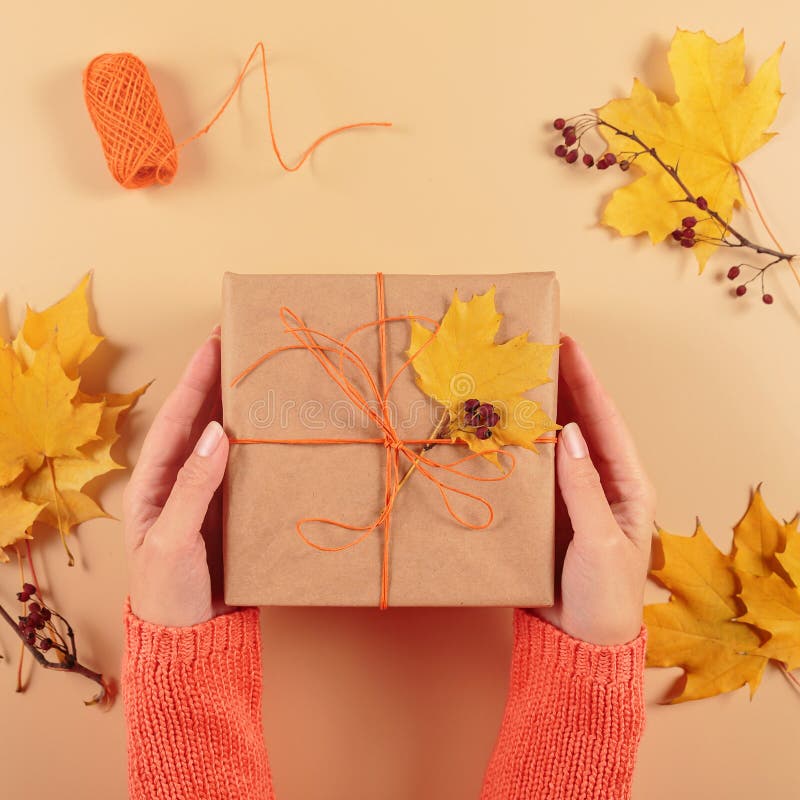 Process of Wrapping and Decorating Presents with Dried Leaves Stock ...