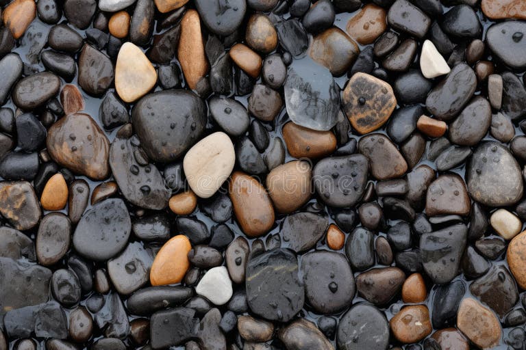Processed Collage of Wet Pebble Stones on Asphalt Texture. Background ...