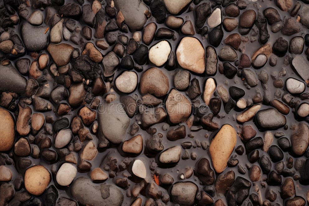 Processed Collage of Wet Pebble Stones on Asphalt Texture. Background ...