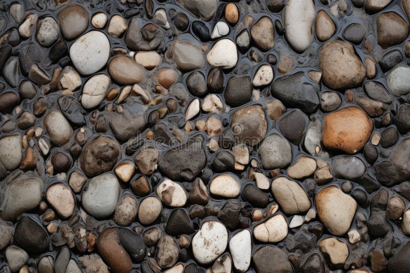 Processed Collage of Wet Pebble Stones on Asphalt Texture. Background ...