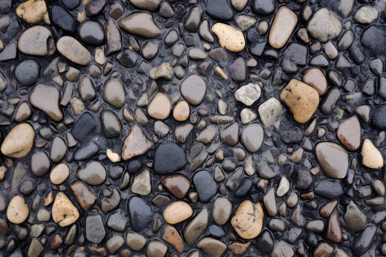 Processed Collage of Wet Pebble Stones on Asphalt Texture. Background ...