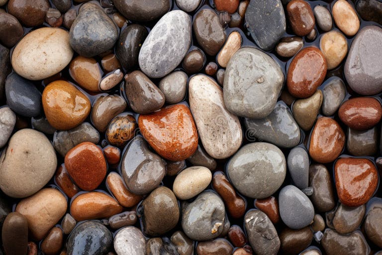 Processed Collage of Wet Pebble Stones on Asphalt Texture. Background ...