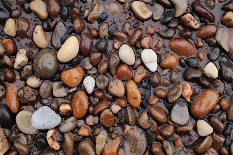 Processed Collage of Wet Pebble Stones on Asphalt Texture. Background ...