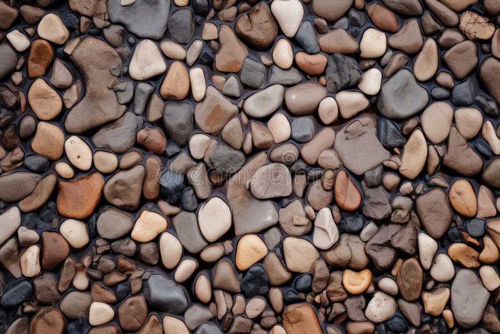Processed Collage of Wet Pebble Stones on Asphalt Texture. Background ...