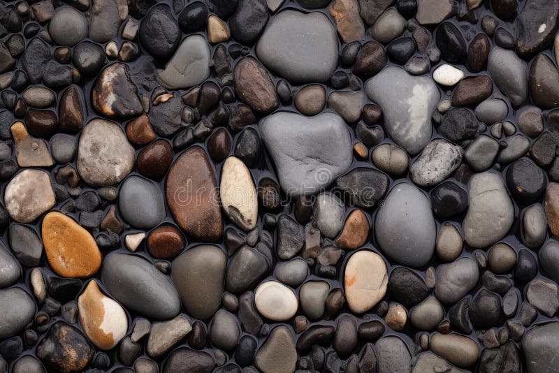 Processed Collage of Wet Pebble Stones on Asphalt Texture. Background ...