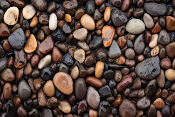 Processed Collage of Wet Pebble Stones on Asphalt Texture. Background ...