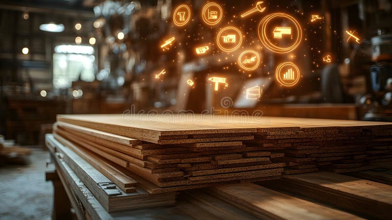 Processed Wood Boards Stacked in Carpentry Workshop with Glowing Craftsmanship Icons Orbiting ...