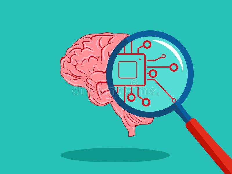 Processing Circuit on a Magnifying Glass and Human Brain. Vector ...