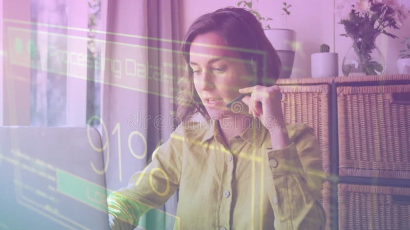 Processing Data Animation Over Woman Working on Laptop in Home Office ...