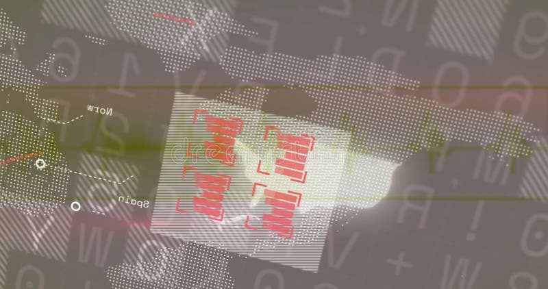 Processing Data, Digital Map Overlay with Red Text in Animation Style ...