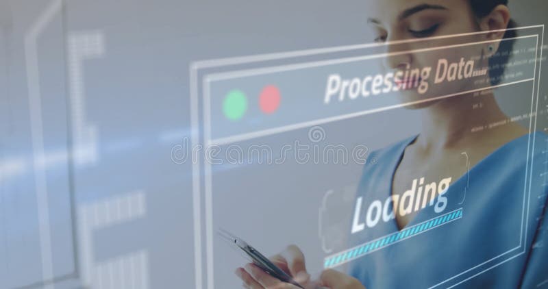 Processing Data and Loading Animation Over Woman Using Smartphone Stock ...
