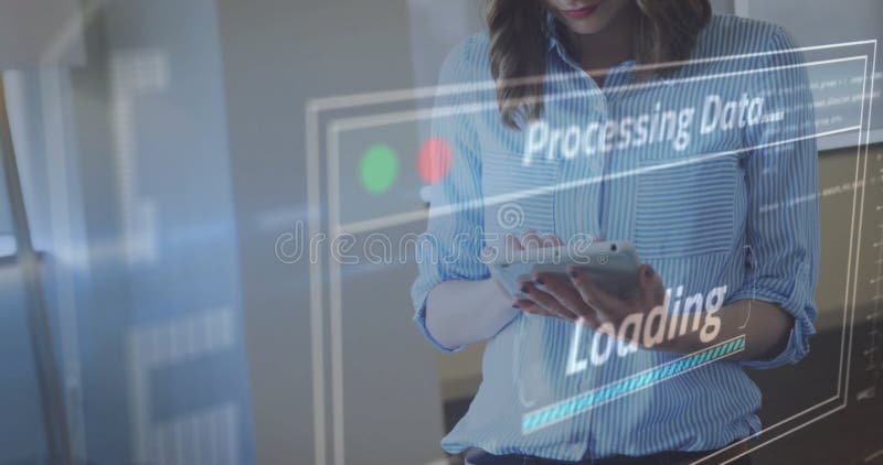 Processing Data And Loading Animation Over Woman Using Tablet Stock